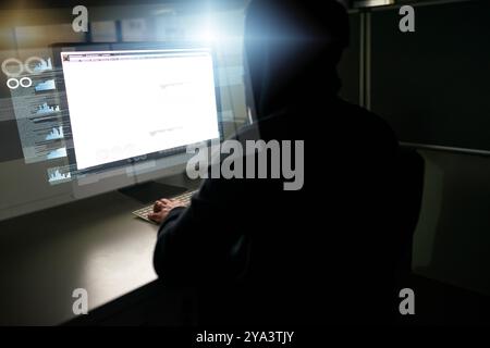 Man, hacker and hologram with working and virus installation for ...