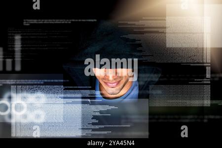 Person, hacker and overlay with malware and virus installation for ...