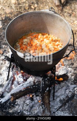 Frying carrots with onions in cauldron on fire Stock Photo - Alamy