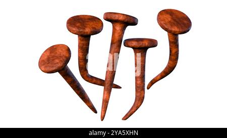 3d rendering of rusty nails against a white background. The nails are ...