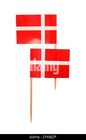 Small paper flags of Denmark on white background Stock Photo - Alamy
