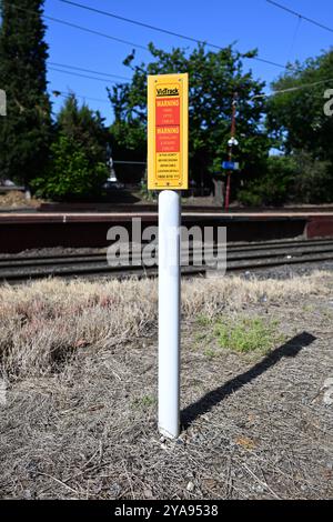 Fibre optic warning sign at railway crossing Stock Photo - Alamy
