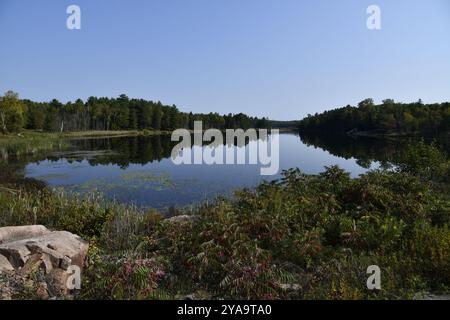 Bedrock of the Canadian pre Cambrian shield by a small calm summer lake ...