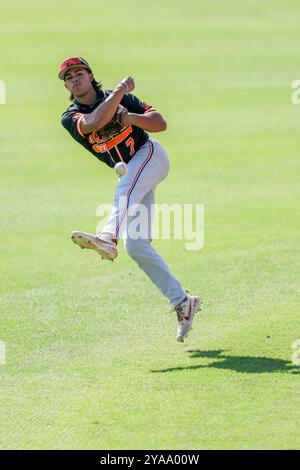 Oklahoma State infielder Avery Ortiz (7) throws during an NCAA baseball ...