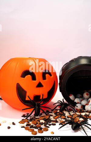 Halloween decorations concept, Scary smile pumpkins are arranged in the ...