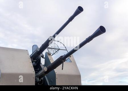 Double-barreled naval automatic cannon against the sky close-up ...