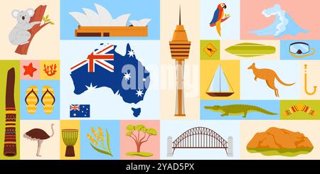 Vector illustration presenting key symbols of Australian culture ...