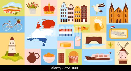 Holland culture elements, landmarks and food on Netherlands infographic ...