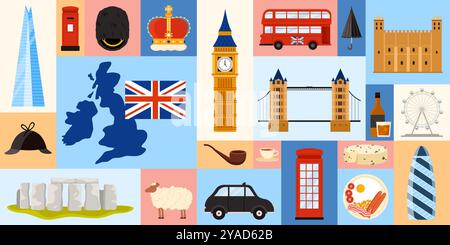 Vector illustration featuring key symbols of British culture, from ...