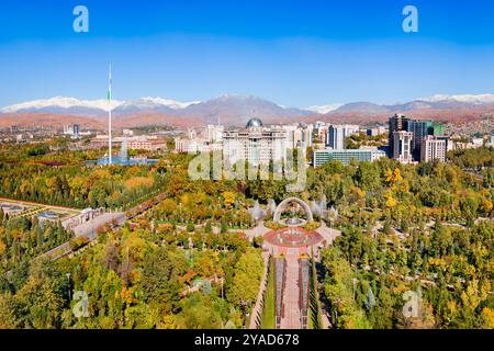 Rudaki Park aerial panoramic view in Dushanbe city centre. Dushanbe is ...