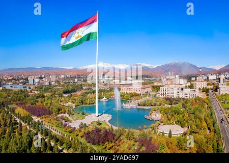 Dushanbe Flagpole square and lake aerial panoramic view. Dushanbe is ...