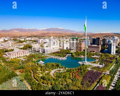 Dushanbe Flagpole square and lake aerial panoramic view. Dushanbe is ...