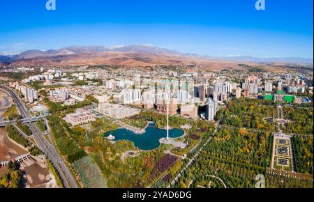 Dushanbe Flagpole square and lake aerial panoramic view. Dushanbe is ...