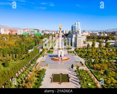 Independence Monument and Rudaki park aerial panoramic view in Dushanbe ...