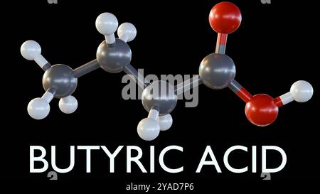 3d rendering of the chemical structure of butyric acid. It is used in ...