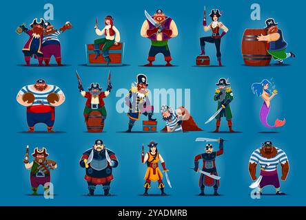 Cartoon pirate captains and sailors characters, ships and sea animals ...