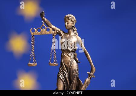 Figure of Lady Justice against European Union flag, closeup Stock Photo ...