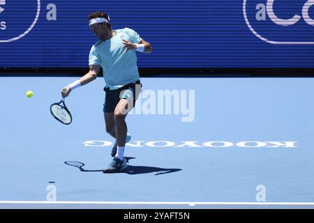 Jannik Sinner of Italy plays a return to Daniil Medvedev of Russia during a practice session on ...