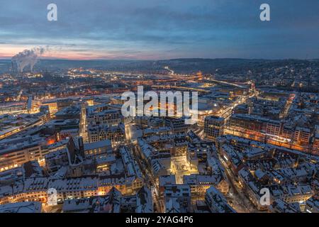 Aerial view of Ulm, Ulm Minster and the snow-covered Christmas market ...