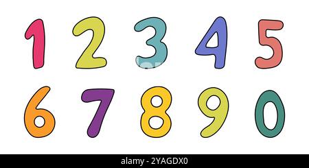 Doodle number, set numeric outline comic figure. 1 to 0 hand drawn ...