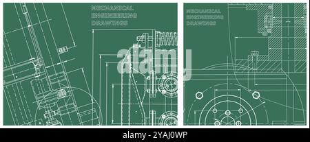 Blueprints set. Engine line drawing background. Mechanical engineering ...