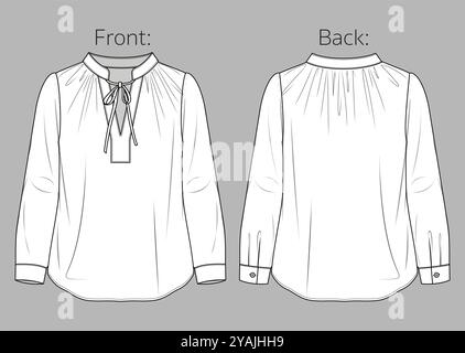 Woman round neck blouse with gathering sketch, long balloon sleeved top ...