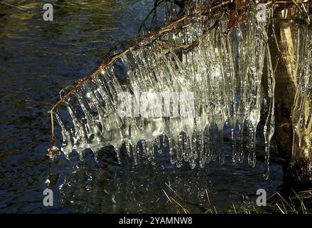 Icicles over the water in the river. Natural landscape. Winter ...