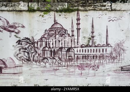 Graffiti with turkish symbols and landmarks on a wall in Istanbul ...