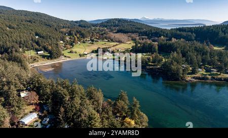Aerial view over the town of Olga on Orcas Island, Washington, USA ...