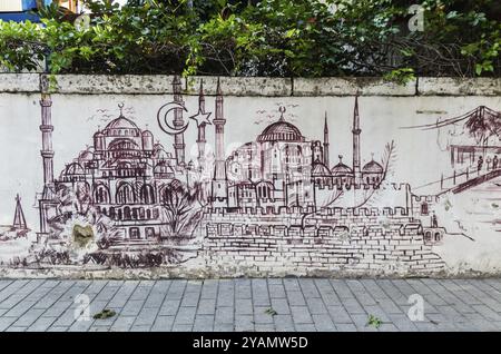 Graffiti with turkish symbols and landmarks on a wall in Istanbul ...