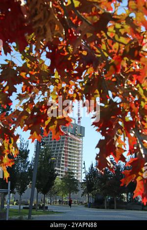 Der Rohbau des Elbtowers in Hamburg wird von der untergehenden Sonne ...