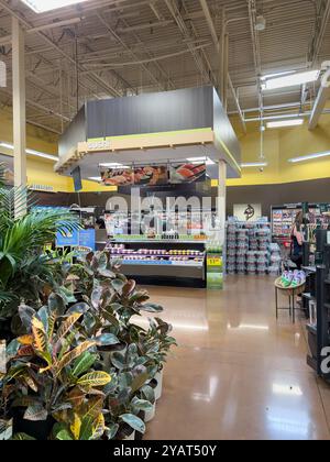 Grocery Store Produce Section with Restroom Sign Overhead Stock Photo ...