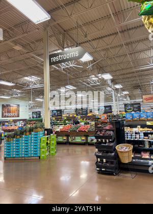 Grocery Store Produce Section with Restroom Sign Overhead Stock Photo ...
