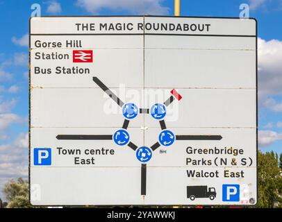 Sign for the Magic Roundabout road system in town centre, Swindon ...