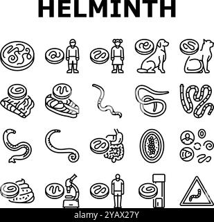 helminth worm parasite nematode icons set vector. tapeworm roundworm ...