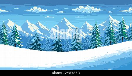 Pixel winter mountain landscape. Spruce forest, path through the snow and falling snowflakes ...