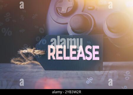 Start of sales of game consoles and accessories. Price tag and gamepad ...