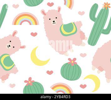 Seamless heart pattern with cute llama and cactus. Trendy vector print ...