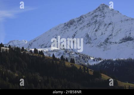 Snow covered Mount Spitzhorn and green hill Stock Photo - Alamy