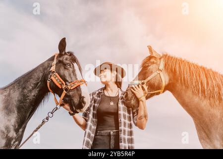 Woman Horses Ranch - Woman in a plaid shirt and hat standing between ...