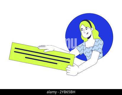 Holding textbox woman in circle frame black and white 2D line character ...