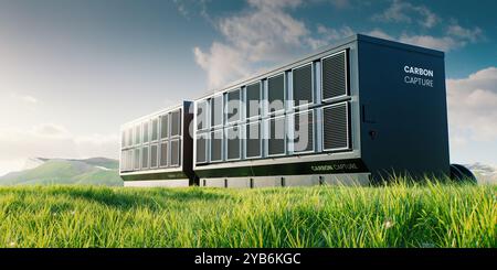 3D rendering of a carbon capture device in a green landscape ...