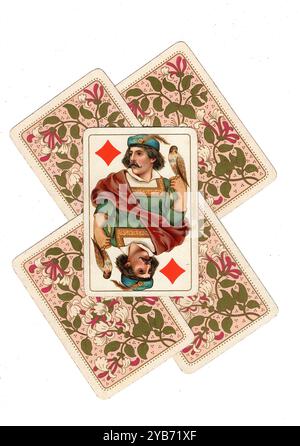 A montage of playing cards with one card revealed on a white background ...