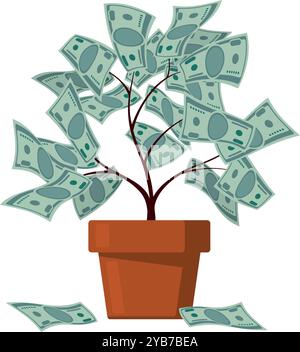 Money tree with dollar bills growing under spotlight in home interior ...