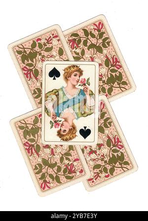 A montage of playing cards with one card revealed on a white background ...