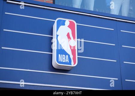 National Basketball Association, NBA brand signage is displayed in New ...