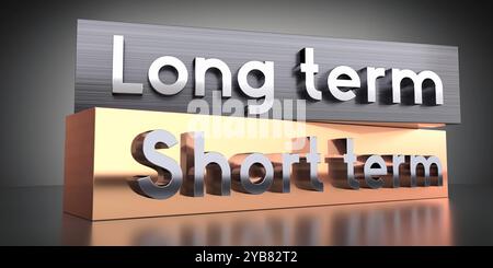 Short term, long term - metal blocks and skyscrapers - 3D illustration ...