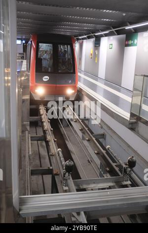 Funicular from the station in Barcelona, travelling to Montjuic Stock ...