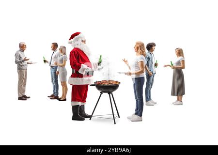 People at a party and santa claus grilling meat on a bbq isolated on ...
