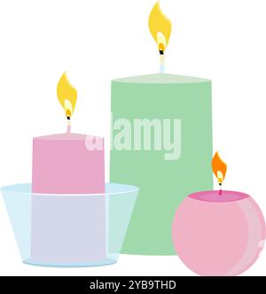 Cozy candles. Cartoon aromatic wax candlelight in jars. Candlesticks ...